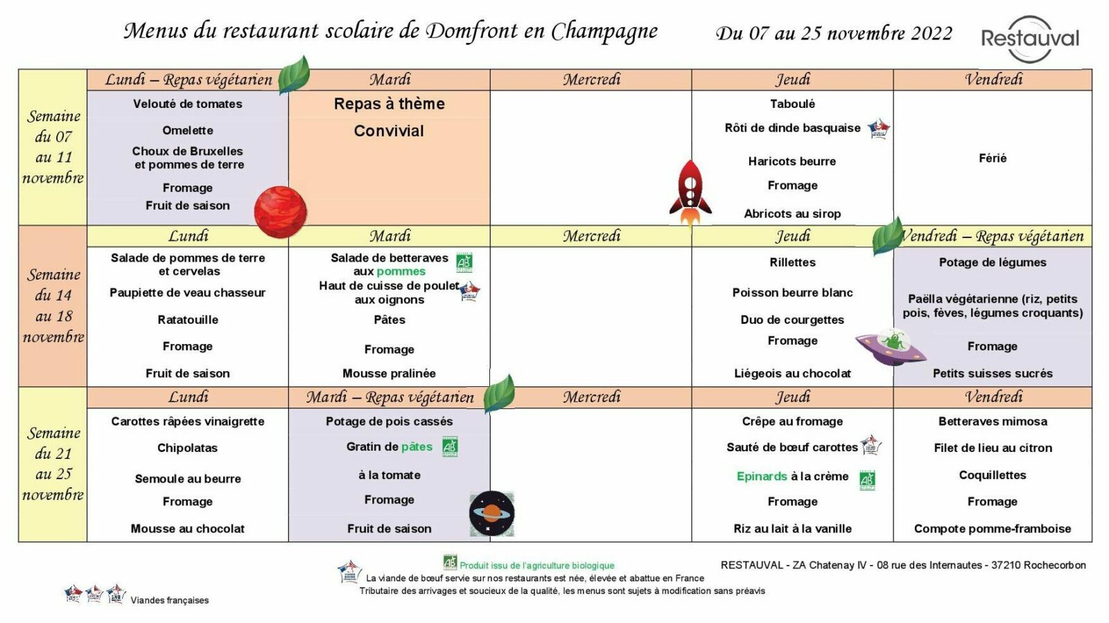 Menus cantine scolaire 2022-2023 - Domfront-en-Champagne